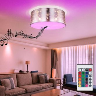Globo Lighting Plafonnier avec haut-parleur Bluetooth 40 cm lampe de chambre plafonnier argent&eacute; salon, t&eacute;l&eacute;commande dimmable, 3x led rvb 8,5W 806Lm blanc chaud, h