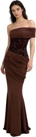 Generic Robe de bal de fin dann&eacute;e, bustier asym&eacute;trique, robe de bal longue en queue de poisson pliss&eacute;e &agrave; paillettes, robe de soir&eacute;e formelle sir&egrave;ne, marron, X