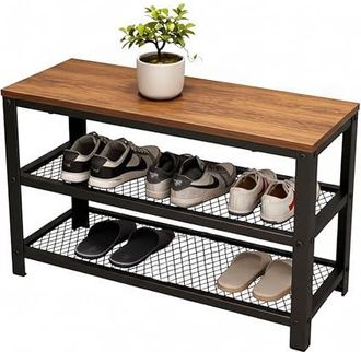 Relaxdays Schuhbank, f&uuml;r 6 Paar Schuhe, HxBxT: 45 x 73 x 30 cm, 2 Gitterablagen, Sitzbank in Holzoptik, braun/schwarz