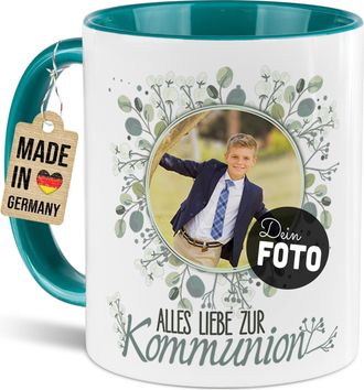 Tassendruck Tasse zur Kommunion mit Foto selbst gestalten - Alles Liebe zur Kommunion - Kreis - Personalisierte Kommunionsgeschenke - Keramiktasse, 300 ml, Innen 
