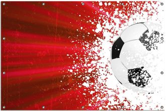 Wallario Outdoor-Poster für Garten oder Balkon Fußball - Splashing Design in rot, Motivbanner Größe: ca. 120 x 180 cm, Outdoor-Bild