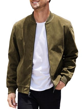 Coofandy Herren Casual Varsity Jacke Vintage Leichte Wildleder Bomberjacken, Gr&uuml;n (Army Green), XL