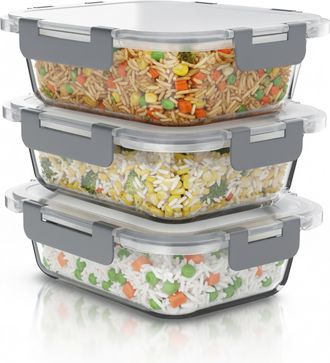 Arendo Lunchboxen Glas - Frischhaltedosen f&uuml;r Lebensmittel mit Deckel luftdicht - 3er Set - 1000 ml - f&uuml;r Mikrowelle Ofen Gefrierschrank - Sp&uuml;lmaschinen geei