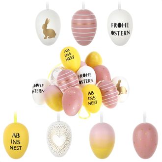 Com-Four 16x Ostereier zum Aufhängen - Bunte Ostereier mit Motiv und Schriftzug - Hängedeko für den Osterstrauß (16 Stück - gelb/weiß/pink)