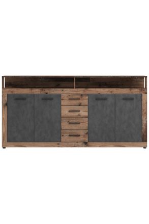 MID.YOU Mid.you Sideboard, Anthrazit, Alteiche, Kunststoff, 2 Fächer, 4 Schubladen, 190x96x32 cm, stehend, in verschiedenen Holzdekoren erhältlich, Wohnzimmer
