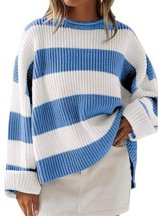 Generic Pull &agrave; col rond ray&eacute; et c&ocirc;tel&eacute; pour femme - Pull dautomne et dhiver &agrave; manches longues, bleu ciel, XL