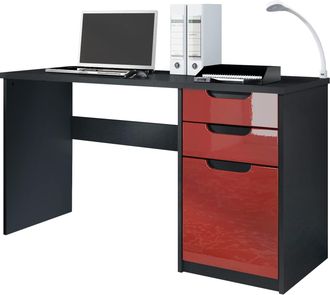 Vladon Schreibtisch Logan, Made in Germany, Bürotisch mit 2 Schubladen und 1 Tür, Schwarz matt/Bordeaux Hochglanz (129 x 76 x 60 cm)