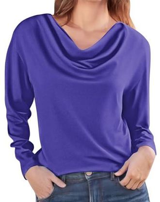 Generic Hauts à manches longues pour femme - Col bénitier - Léger - Décontracté - Basique - Uni - T-shirt dautomne, bleu, L
