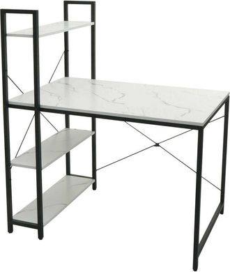 Hhg Schreibtisch mit Regal 669, Laptoptisch B&uuml;rotisch Arbeitstisch, 100x60cm Metall mdf Marmor-Optik wei&szlig;