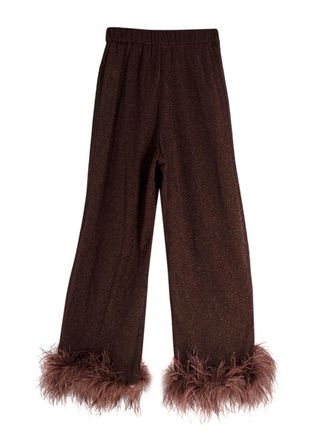 Os&eacute;ree Brown Lurex Ostrich Feather Cuffs Trousers Size S