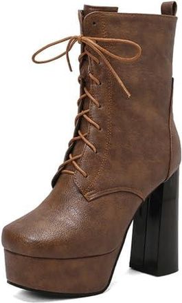Generic Bottines dhiver doubl&eacute;es de fausse fourrure pour femme - Lacets et fermeture &eacute;clair lat&eacute;rale - Plateforme - Bout carr&eacute; - Talon bloc - Chaussures d&eacute;con
