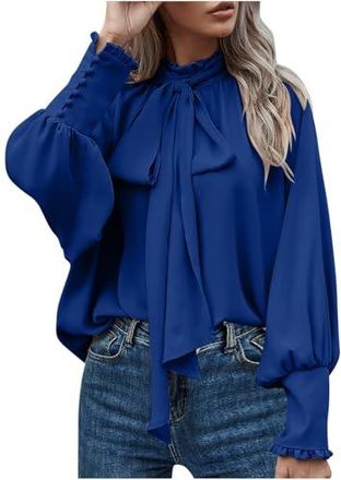 Generic Pull habillé élégant avec noeud papillon et col montant - Manches lanterne à volants - Chemise en mousseline de soie - Chemisier long décontracté à ma