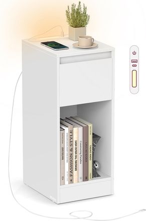 Vasagle Nachttisch, schmal, Beistelltisch, LED-Beleuchtung, 1 USB-A-Anschluss, 1 USB-C-Anschluss, Schublade, offenes Fach, für Schlafzimmer, Wohnzimmer, wolke