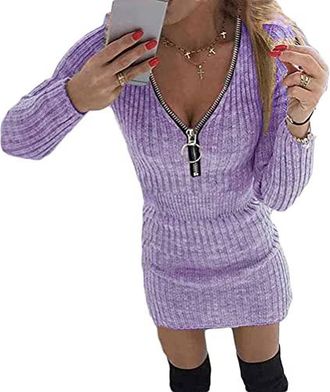 Onsoyours Robe Pull Femme Hiver Elégant Manche Longue Robe Pull Tricoté Col Haut Robe Côtelé Solide Robe Sweater Pullover Chaud Slim A Violet M