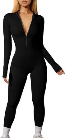 Generic Combinaison de sport sexy &agrave; manches longues pour femme - Combinaison moulante et longue - Avec fermeture &eacute;clair - Extensible - Onesie c&ocirc;tel&eacute;e - Surv&ecirc;t