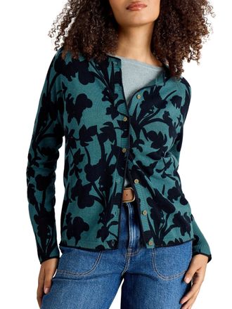 White Stuff Lulu Drucken Cardigan - Langarm, Rundhalsausschnitt, Normale Passform aus Baumwollstrick - Blau Druck - Größe 44