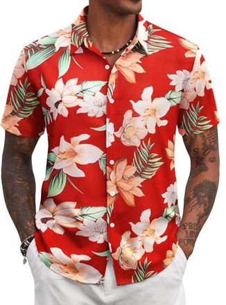 Coofandy Chemise Hawaienne Homme Plage Chemise Manches Courtes Chemises Ete Chemises a Fleur Rouge/Fleurs Multiples 3XL