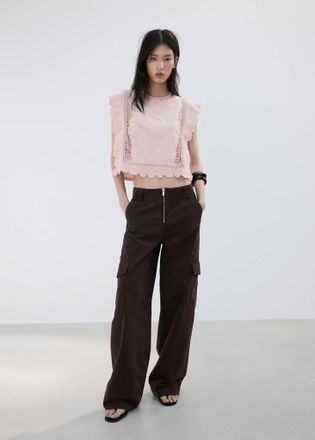 Mango Top en coton avec d&eacute;tails brod&eacute;s rose pastel - Femme - XS - MANGO