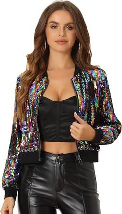 Allegra K Blouson à Paillettes Femmes Veste à Sequin à Manches Longues Bomber Aviateur Zippé Brillante pour Soirée et Disco Multicolore XL