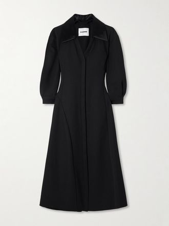 Jil Sander Asymmetrisches Midi-hemdblusenkleid Aus Woll-twill Mit Satinbesatz - Schwarz