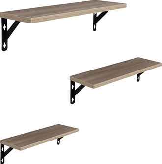 Relaxdays Wandregal-Set, 3 Größen 30/35/40 cm breit, Industrie-Design, langlebige Bretter, MDF & Eisen, Hellbraun, Faserplatte, 12 x 40 x 11 cm