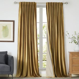 PRIMROSE 100 % vollst&auml;ndig verdunkelnde goldene Samtvorh&auml;nge, 274.3 cm lang f&uuml;r Wohnzimmer, Set mit 2 Paneelen, Stangentasche, R&uuml;ckseite, Raumverdunkelung, sch