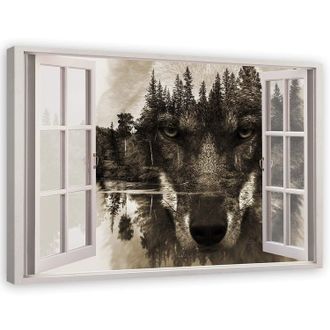 Feeby Leinwand Bilder - Bild Wohnzimmer - Fensterblick Wolf Tiere Grau Braun - 120x80 cm XXL 1tlg - Deko Schlafzimmer Groß - Dekoration Canvas - Gemälde - M