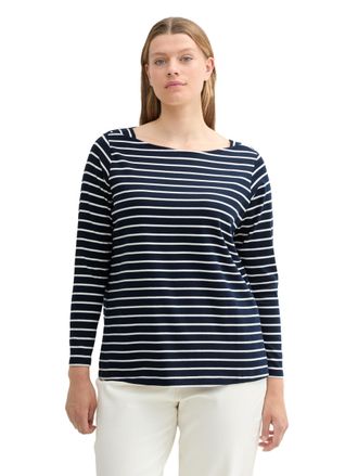 Tom Tailor Damen Plussize Longsleeve mit Streifenmuster, 37043 - Navy White Stripe, 44