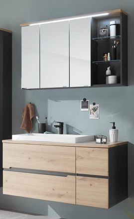 Möbelando Badezimmer-Set >Memphis< 110x176x53 cm 2-teiliges Set, Grau Artisan Eiche Dekor, MDF tiefziehfoliert, Softclose, LED-Spiegelschrank, mineralisches Was