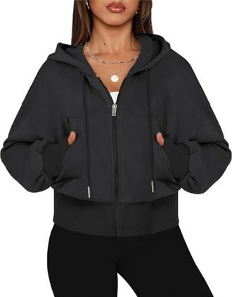 OLIPHEE Sweats à Capuche Femme Veste Courte avec Fermeture Éclair Grandes Poches Veste à Capuche Femme Couleur Unie Manteau Zippé Casual Y2k Automne Hiver A-N
