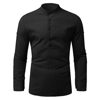 Generic Chemise d&eacute;t&eacute; en coton et lin pour homme - Haut d&eacute;contract&eacute; de couleur unie - Col montant - Chemisier &agrave; manches longues - Haut tendance - Coupe droite,