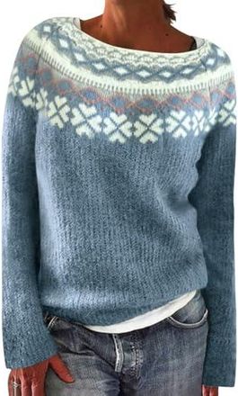 Onsoyours Y2K Pull Femme Manche Longue Oversize Tee Tops Pullover Sweatshirt Col en V Mode Vintage Motif Losanges Pull en Tricot D19 Bleu M