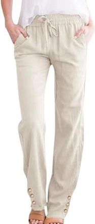 Generic Pantalon ample d&eacute;contract&eacute; en coton et lin avec boutons lat&eacute;raux pour femme - Pantalon &agrave; jambe large avec cordon de serrage - Taille &eacute;lastique avec po