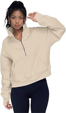 Generic Pull dhiver ample en polaire à col montant pour femme avec demi-fermeture éclair, abricot, XL