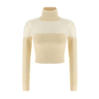 Elisabetta Franchi Femme, Pulls, Blanc, Taille: 36 FR Top Col Roul&eacute; avec Logo Bijou