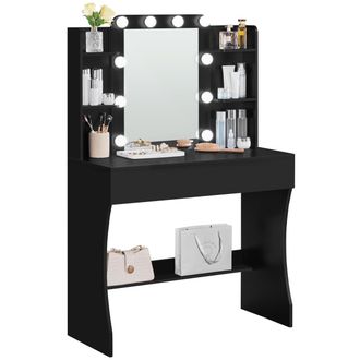 Yaheetech Schminktisch mit Beleuchtung und Spiegel, 10 LED-Lichtkugeln, 3 Einstellbaren Farben und 9 Lichtmodi, Frisiertisch mit 1 Schublade, 4 Oberen Ablagen, 