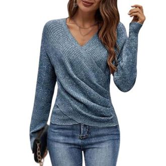 Generic Pull &eacute;l&eacute;gant en tricot pour femme - Style d&eacute;contract&eacute; - Col en V - Crois&eacute; - Id&eacute;al pour lautomne., bleu clair, XXL