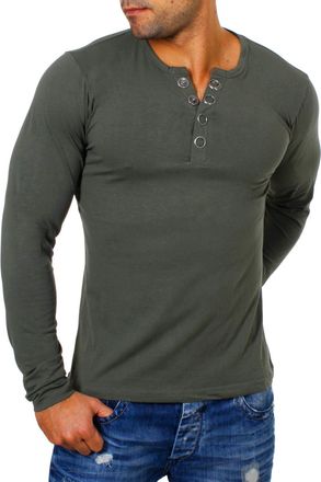 Young & Rich Herren Longsleeve Langarm T-Shirt Knopfleiste mit extra großen Metall Knöpfen Slimfit Big Buttons 2872, Grösse:3XL, Farbe:Militär-Grün
