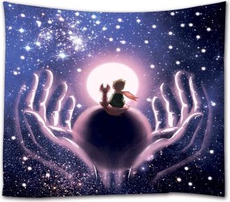 A.Monamour Wandteppiche Ein Junge Und Ein Hund Sitzen Auf Dem Planeten Vollmond Galaxie Sternenhimmel Märchenszene Boho Hippie Mandala Wandbehang Tapisserie Wand