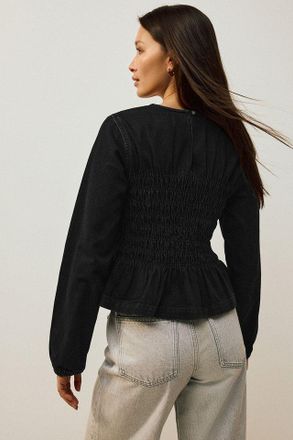 Next Langarmbluse Geraffte lang&auml;rmelige Denim-Bluse (1-tlg)