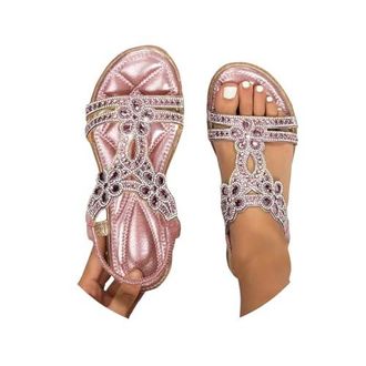 Generic Sandales plates d&eacute;t&eacute; d&eacute;contract&eacute;es et l&eacute;g&egrave;res &agrave; enfiler en similicuir avec barre en T et strass pour femme, a rose, 39.5 EU