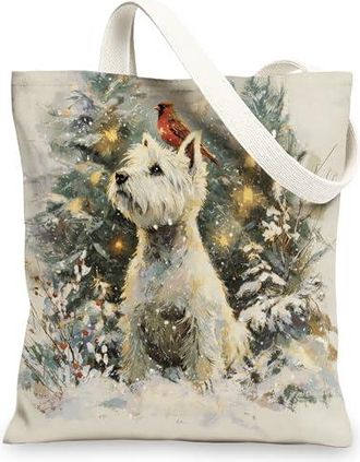 Generic Sac fourre-tout en toile motif chien Westie de No&euml;l 33 x 38,1 cm, sac d&eacute;picerie r&eacute;utilisable pour femme, peinture danimaux domestiques, d&eacute;coration cad