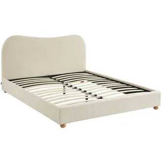 Sweeek Sweeek - Lit avec sommier &agrave; lattes et t&ecirc;te de lit. blanc finition bouclette. L214.5 x P168 x H97cm