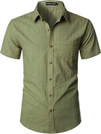 PARKLEES Chemise décontractée à manches courtes en coton et lin pour homme avec poche, Vert avocat, XL