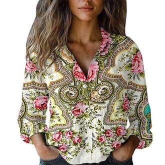 Generico Chemise Femme d&Eacute;t&eacute; D&eacute;contract&eacute; &agrave; Manches Longues Chemises Coton Et Lin &Eacute;l&eacute;gant Respirant Blouse Col en V L&eacute;ger T Shirt Vintage Imprim&eacute; avec Boutons Mo