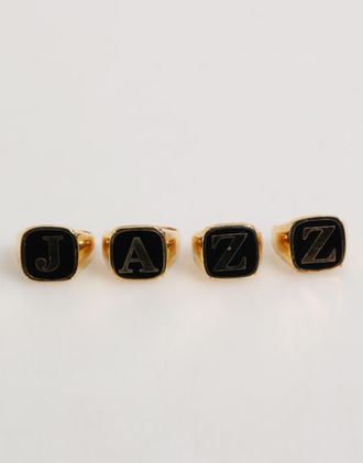 Dolce & Gabbana Mens Gold Tone Brass Jazz Letter Set 4 Pieces Adjustable Ring Black Silver Ename