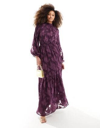 Asos Robe longue en jacquard &agrave; col montant et manches oversize - Prune-Violet