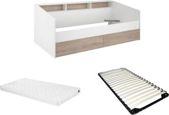 Vente-Unique Lit 90 x 190/200 cm avec rangements - Blanc et naturel + Sommier + Matelas - PAULETTE