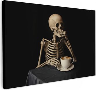 MuchoWow © Leinwandbild Groß 120x80 cm XXL Dekoration Wohnzimmer Bilder Pictures Wall Decoration Living Room Wohnungs Deko Moderne Bild Skelett - Kaffee - Trin
