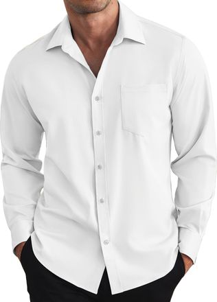 Coofandy Herren Hemd Langarm Freizeithemd Button Down Shirt Wrinkle Free Business Hemden mit Brusttasche Anzugshemd Bügelleicht Hemd Weiß M
